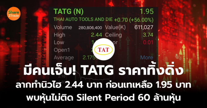 มีคนเจ็บ! TATG ราคาทิ้งดิ่ง ลากทำนิวไฮ 2.44 บาท ก่อนเทเหลือ 1.95 บาท พบหุ้นไม่ติด Silent Period ...